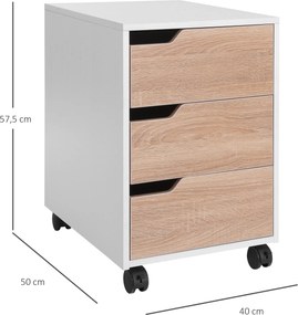HOMCOM Počítačová skříňka s koly, 3-zásuvková skříňka na dokumenty pro studijní stůl 40x50x57.5 cm Dub a bílá
