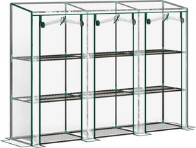 Outsunny Malý Skleník pro Exteriér se 3 Úrovněmi Polic, Sklopnými Zipovými Dveřmi a Ocelovým Rámem pro Pěstování Rostlin a Květin 215x46x151 cm Průhle