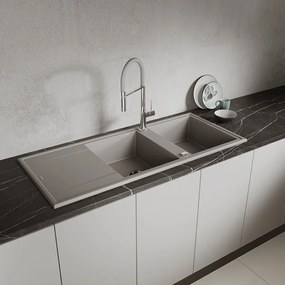 Laveo Megalo, 2-komorový granitový dřez 1160x500x185 mm s dlouhým odkapávačem, šedá, LAV-SBE_521T