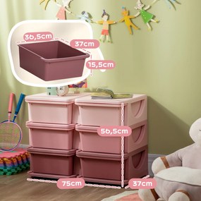 HOMCOM Plastový úložný box, úložný prostor na hračky, 6 zásuvek, organizér na hračky, komoda do dětského pokoje, růžová | Aosom