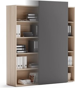Kancelářský regál s posuvným panelem BLOCK, 1600 x 400 x 1748 mm, dub přírodní/grafitová