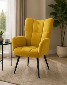 křeslo relaxační, odpočinkové, ušák, kov/samet, 98x63x69 cm, černá/hořčicově žlutá, Dekorino KR20260008