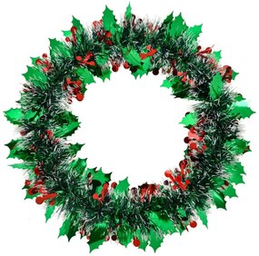 Zeleno-stříbrný vánoční věnec s cesmínou – průměr 35 cm