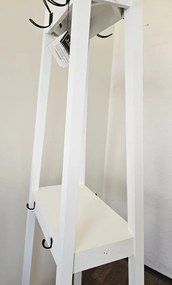 Bílý dřevěný stojící věšák s poličky a háčky sleva - 60*40* 175 cm