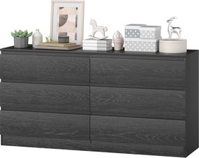 HOMCOM komoda do ložnice se 6 zásuvkami, zásuvková skříň do obývacího pokoje nebo kanceláře, moderní styl, 140x40x71 cm, černá s dřevěným dekorem