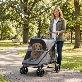 Skládací psí kočárek PawHut – nosnost až 40 kg, odpružení na 4 kolech, přední kola otočná o 360°, pratelná vložka, nastavitelná rukojeť, šedý