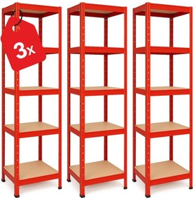 Akce 3x Regál 180x40x40 cm lakovaný 5-policový, nosnost 875 kg - červený