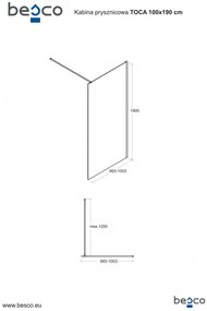 BESCO Walk-in sprchový kout TOCA BARVA rámu - Černá, Rozměr A - 100 cm, Rozměr C - 190 cm, Směr zavírání - Univerzální Levé / Pravé, Výplň - Čiré bezpečnostní sklo - 8 mm BCTOCA10