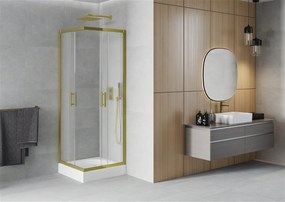 Mexen Rio, čtvercový sprchový kout s posuvnými dveřmi 70 (dveře) x 70 (dveře) x 190 cm, 5mm sklo námraza, zlatý profil + bílá sprchová vanička RIO, 860-070-070-50-30-4510