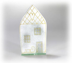 BDK-GLASS Skleněný domeček na čajovou svíčku - bílo zlatý Rozměr: 9x18cm