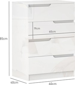 HOMCOM Moderní a minimalistická komoda se 4 šuplíky, dřevovláknitá deska, 60x40x85 cm, lesklá bílá