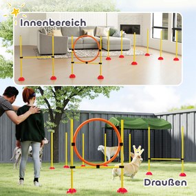 PawHut Agility Set pro psy - 3dílná výbava na agility pro výcvik psů, skokové překážky s nastavitelnými slalomovými tyčemi a kruhy pro koordinaci