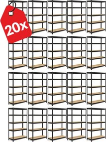 Akce 20x Regál 160x80x40 cm lakovaný 5-policový, nosnost 875 kg - černý