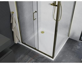 Mexen Apia sprchový kout s posuvnými dveřmi 90 (dveře) x 90 (stěna) cm, 5mm čiré sklo, zlatý profil + bílá sprchová vanička SLIM, 840-090-090-50-00-4010G