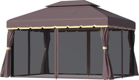 Outsunny 4x3m Hliníkový Zahradní Altán s Ventilačním Střechou, 4 Boční Závěsy, 4 Moskytiéry a 8 Odtokových Otvorů pro Venkovní Akce Hnědá | Aosom