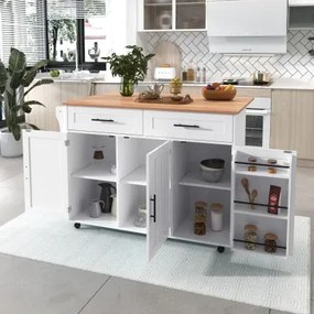 Aosom Velký kuchyňský ostrov s rozkládací prodlužovací deskou, 5 koleček (2 aretovatelná), 129 x 46/71 x 91,5 cm, bílá+přírodní barva