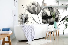 Samolepící tapeta černobílé tulipány v zajímavém provedení - 150x100 cm
