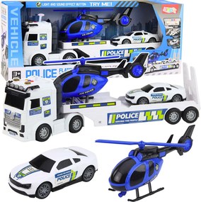 LEAN Toys Policejní souprava: Nákladní auto, odtahovka, auto, vrtulník, světla, zvuky