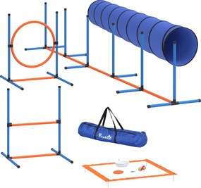 PawHut 8dílná sada agility pro psy s tunelem, slalomem, nastavitelnými překážkami, kruhem, pauzovací plošinou, miskou, hračkami a taškou — zahrada, v…