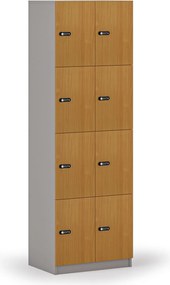 Dřevěná šatní skříňka S4 s úložnými boxy, 8 boxů, demont, mechanický kódový zámek, šedá/buk