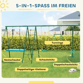 houpací rám 5 v 1 s nastavitelným hnízdem Gymnastické kruhy Dvoumístná prolézačka pro 3-8 let 440x175x203 cm