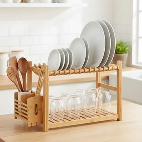 5Five® Dvoupatrový odkapávač BAMBOO, stojan na nádobí, 14 talířů,