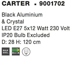 Nova Luce Závěsné svítidlo CARTER černý hliník a křišťál E27 5x12W