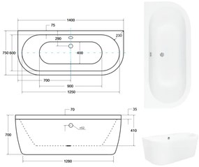 NIKIDO - B Přístěnná vana VISTA 140, 150, 160, 170 Rozměry: 140 x 75cm