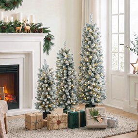 HOMCOM Sada 3 ks sněhem pokrytých LED vánočních stromků, úzké, s PVC větvemi, 90/120/150 cm