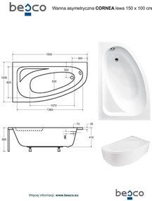 BESCO Asymetrická vana CORNEA Nožičky k vaně - S nožičkami, Rozměr vany - 150 × 100 cm, Způsob provedení - Levé - VANCOR150L+OLVPINOZ