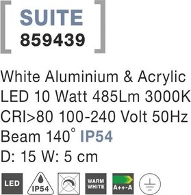 NV 859439 Venkovní nástěnné svítidlo SUITE bílý hliník a akryl LED 10W 3000K 100-240V 140st. IP54 - NOVA LUCE