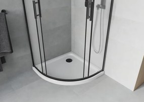 Mexen Rio, čtvrtkruhový sprchový kout 90(dveře)x90(dveře)x190 cm, 5mm sklo námraza, černý profil + bílá sprchová vanička SLIM, 863-090-090-70-30-4110B