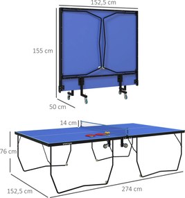 SPORTNOW stůl na stolní tenis venkovní skládací se síťkou válečky 2 pálky 3 míčky ocel modrá 274x1525x76cm pro zahradu a volný čas | Aosom.de