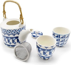 Porcelánová čajová souprava Geometric blue, konvice 0,6 l – s bambusovým držadlem, se 2 šálky, s nerezovým sítkem