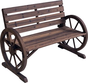 Outsunny Zahradní Lavice Dřevěná Rustikální Lavice s Kolečkovými Opěrkami Wagon Wheel Lavice Venkovní Lavice Terasová Lavice Parková Lavice z Masivníh