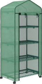 Zelený skleník Outsunny s kolečky, policemi, zimní fólií z oceli, studený rám pro balkon, zahradu, dům na rajčata 69 x 50 x 165 cm, skleník na rajčata