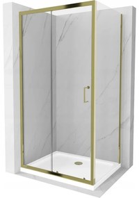 Mexen Apia rozsouvací sprchový kout 90 x 70 cm, Průhledné, Zlatá + sprchová vanička Flat, Bílá- 840-090-070-50-00-4010G
