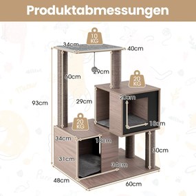 Costway Moderní škrabadlo pro domácí kočky 94 cm patrová dřevěná věž