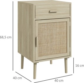 HOMCOM Set 2 nočních stolků s ratanovým šuplíkem a nastavitelnou policí do ložnice nebo obývacího pokoje 40x40x68,5 cm Dub