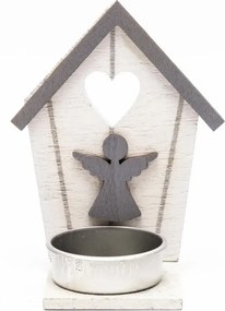 Dřevěný svícen na čajové svíčky chaloupka s andělem 10,5 × 5 cm, šedo bílá