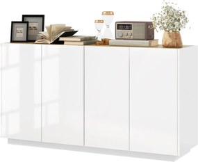 HOMCOM Jídelní Komoda, Kuchyňská Komoda, se 4 Tichými Dveřmi a Nastavitelnými Policemi, 140 x 40 x 75 cm, Vysoce Lesklá Bílá | Aosom