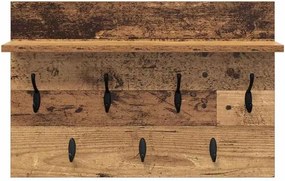 věšák, nástěnný, 1 prkno, háčky, kompozitní dřevo, 40x60x12 cm, staré dřevo, Dekorino TK20260017
