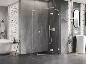 Mexen Lunar, L pravý výklopný pětiúhelníkový sprchový kout 100 x 100 cm, 8mm čiré sklo, bílý profil, 831L-100P-100L-20-00-P