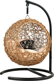 PawHut pletené kočičí lůžko — vyvýšený ratanový dům s pratelným polštářem a hračkou, 45 × 41 × 75 cm, světle hnědý | Aosom