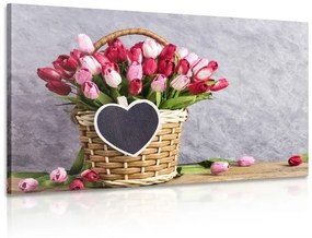 Obraz červené tulipány v dřevěném košíku - 90x60 cm