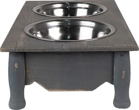 Misky pro zvířata v šedém antik dřevěném stojanu - 41*22*12 cm / 2*500 ml