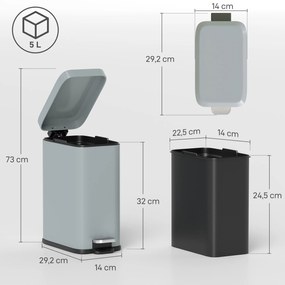 HOMCOM Pedálový odpadkový koš 5 l s víkem a nožním pedálem, kovový vnitřní koš šedý 29,2x14x32 cm do obývacího pokoje kanceláře | Aosom.de