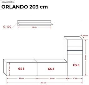 Ral Obývací stěna ORLANDO 1, 203 cm - Bílý lesk