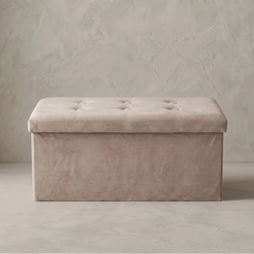 Obdélníková taburetka s úložným prostorem, velurová, skládací, 76 × 38 × 38 cm, béžová
