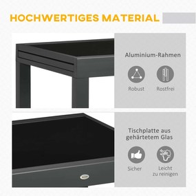 Rozkládací zahradní stůl Outsunny z hliníku s obdélníkovým tvarem a tvrzeným sklem pro 4-6 osob, nosnost 50 kg, rozměry 80-160x80x75 cm, černý